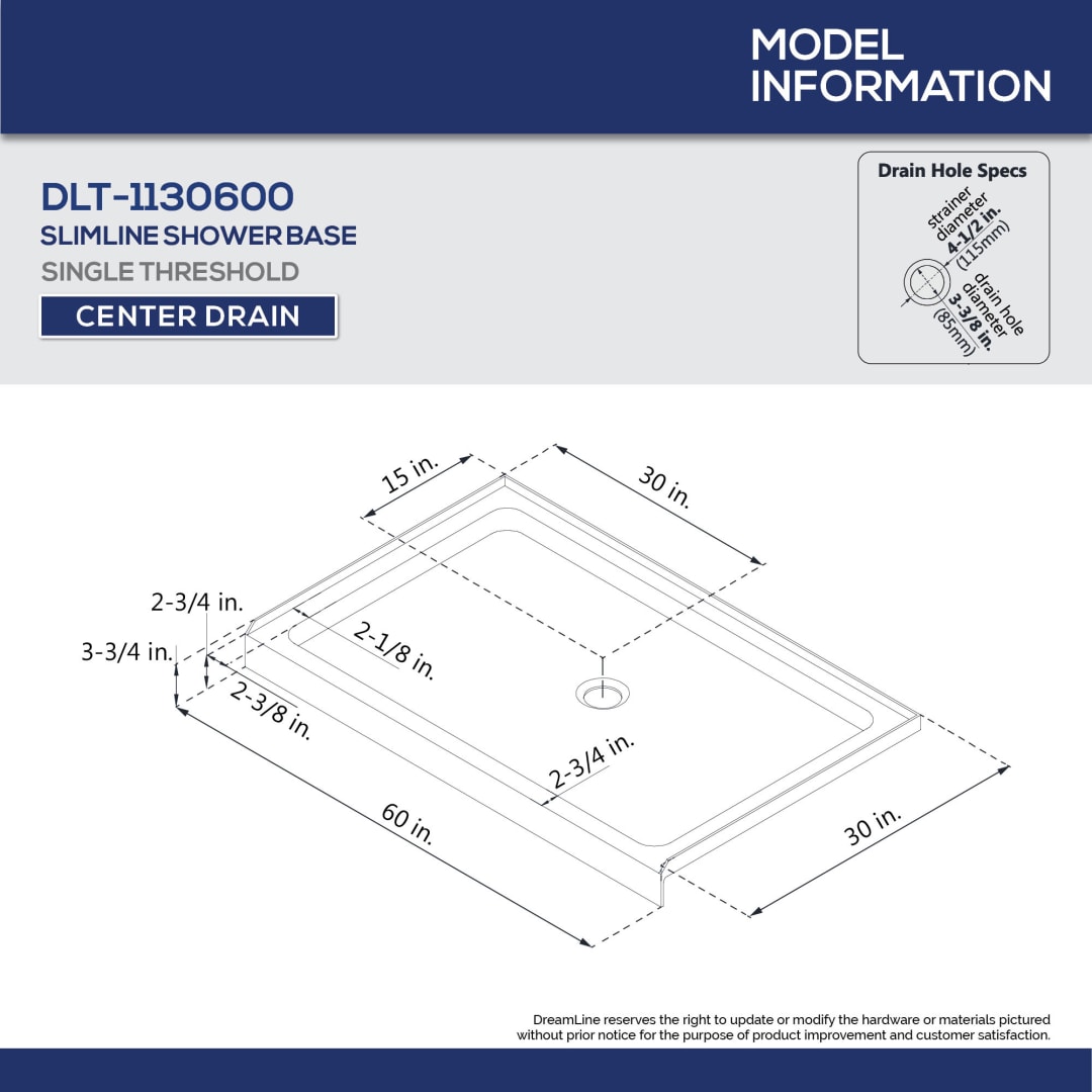 DreamLine SlimLine 30 inch D x 60 inch W x 2 3/4 inch H Center Drain ...