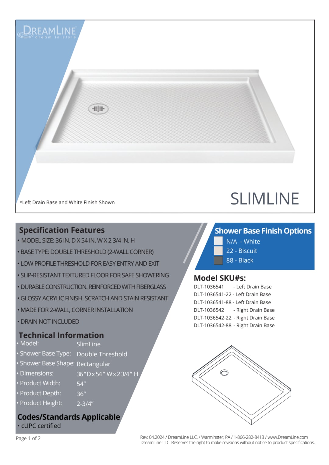 DreamLine SlimLine 36 inch D x 54 inch W x 2 3/4 inch H Right Drain ...