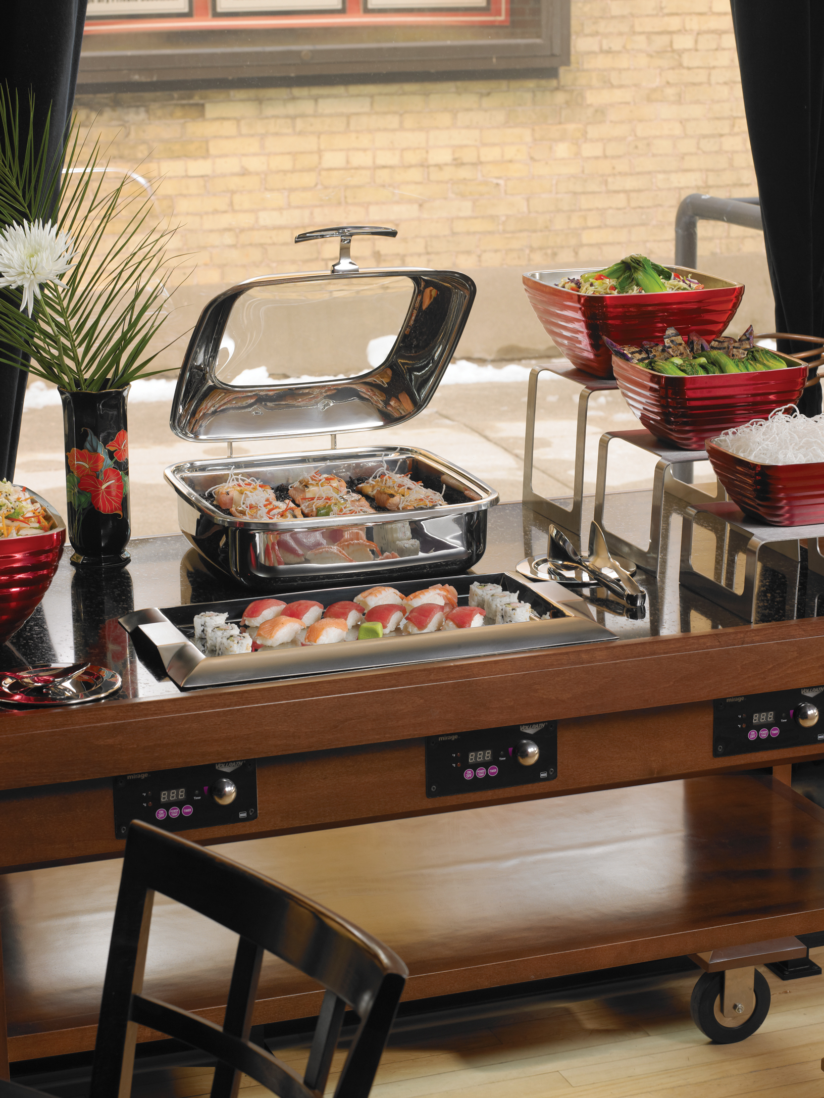 76-inch 3-hob Induction Buffet Table with Dark Cherry Finish