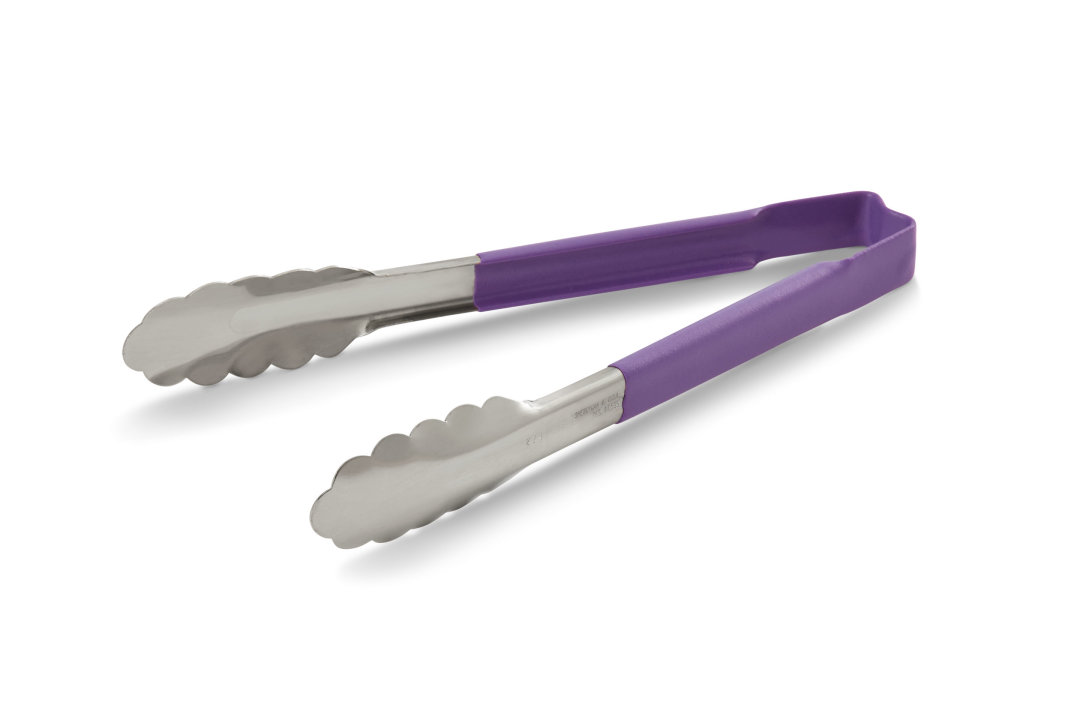 9 ½-inch stainless steel one-piece scalloped tongs with purple Kool ...