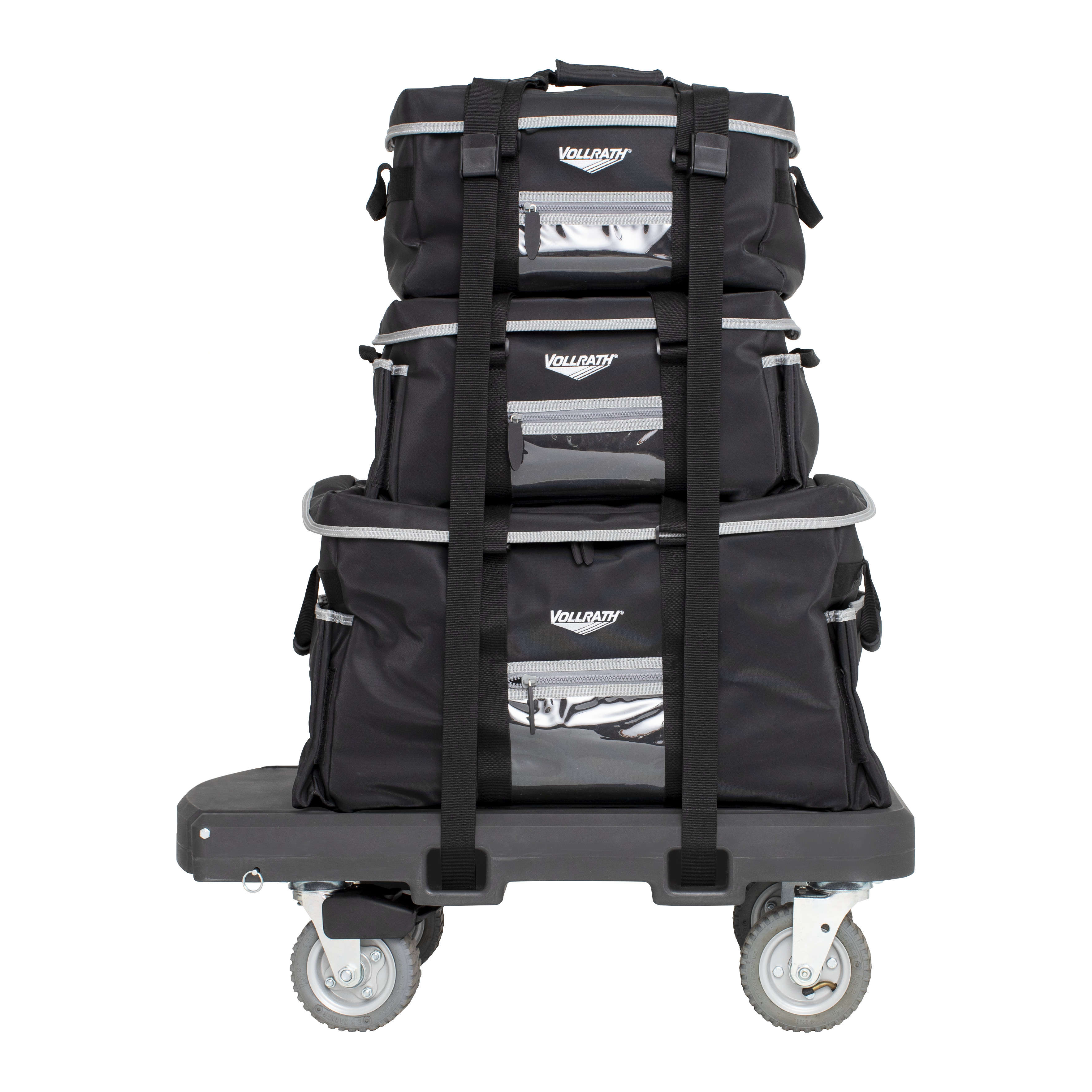 Flatbed utility dolly in dark gray with 6” pneumatic wheels and straps