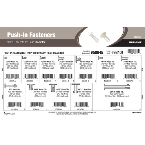 Push-In Fasteners Assortment (3/16" thru 19/32" Head Diameter)