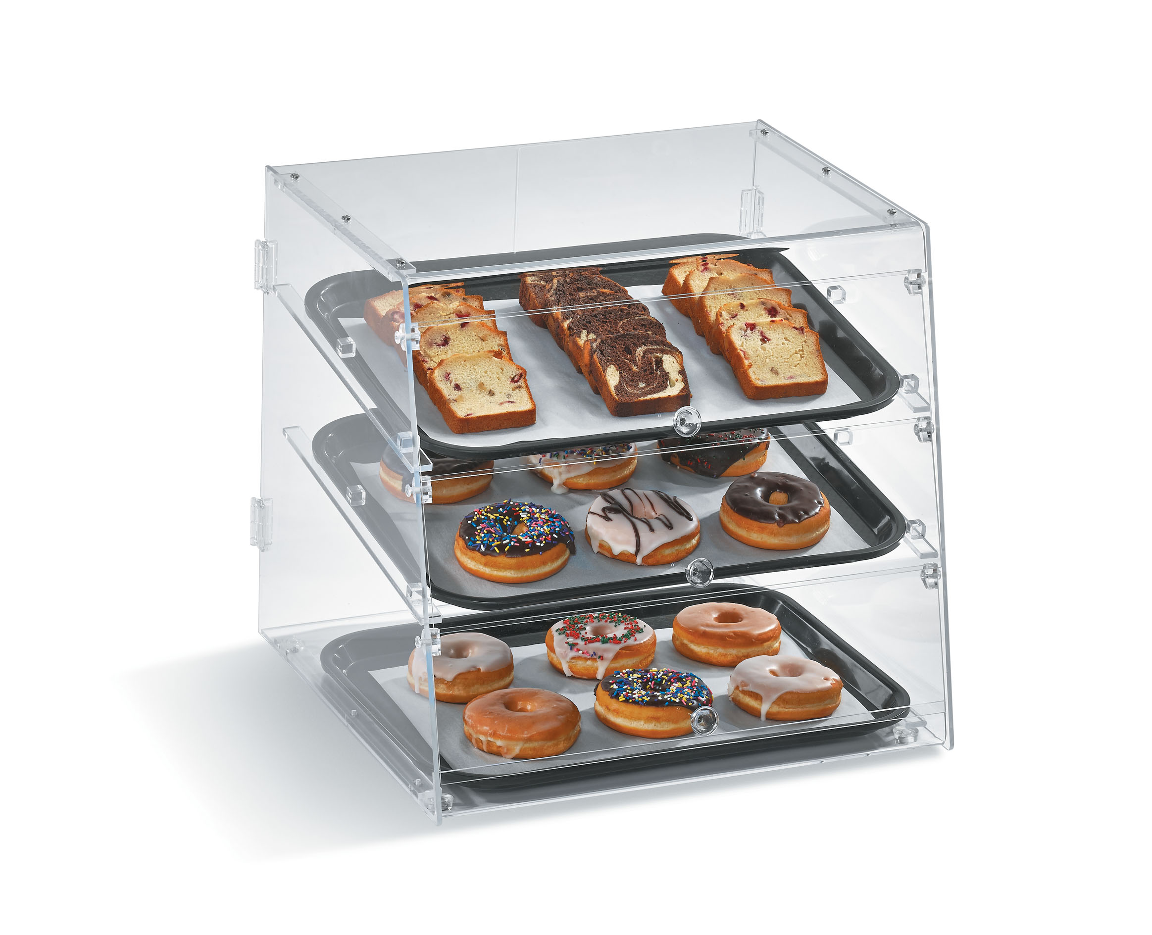 3-tier acrylic knockdown baked goods display case with front and rear ...