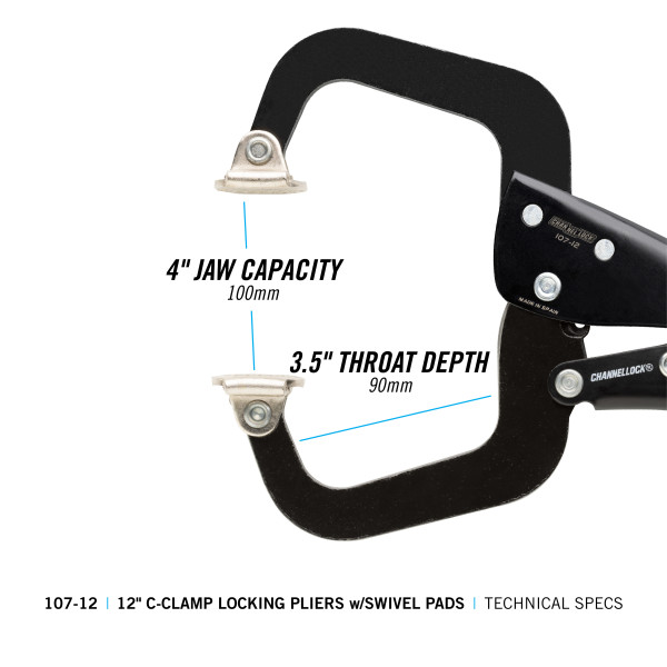 107-12 12-inch C-Clamp Locking Pliers w/ Swivel Pads - Channellock, Inc.