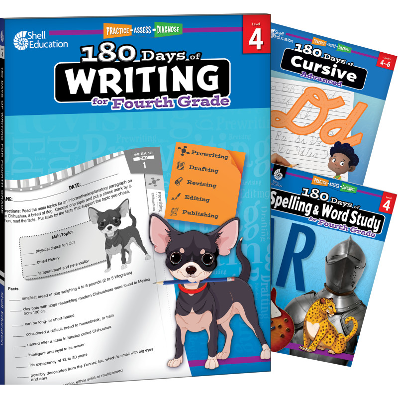 Shell Education 180 Days Writing, Spelling, & Cursive Grade 4: 3-Book ...