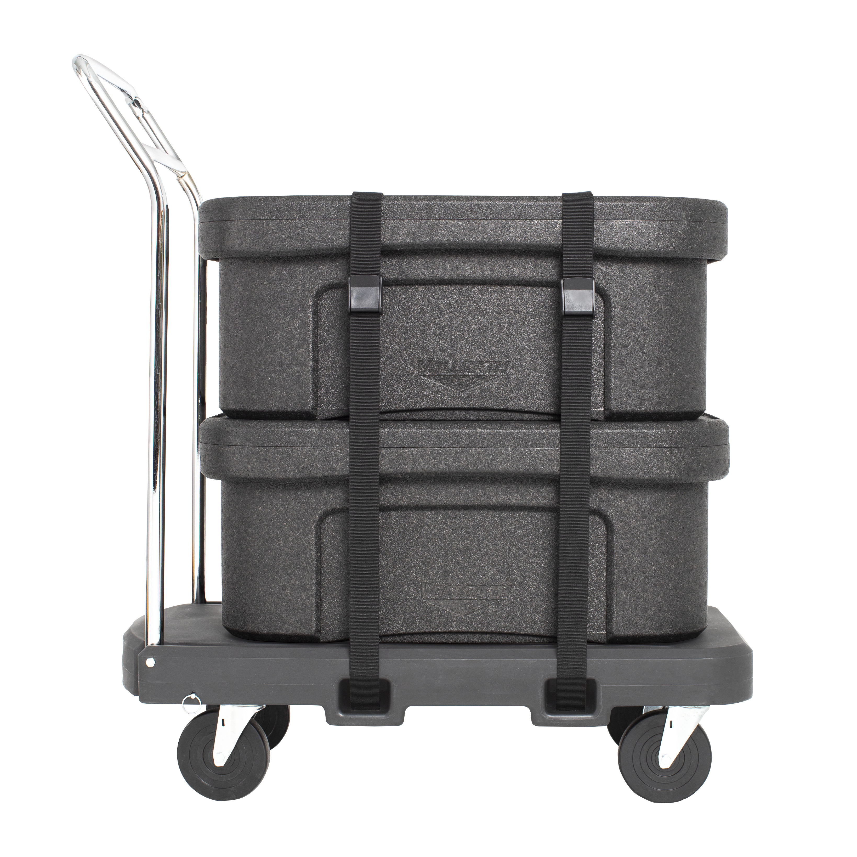 Flatbed utility dolly in dark gray with 5” casters and straps