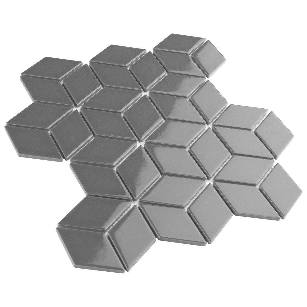 Metro Rhombus Glossy Grey 10-1/2 in. x 12-1/8 in. Porcelain Mosaic Tile ...