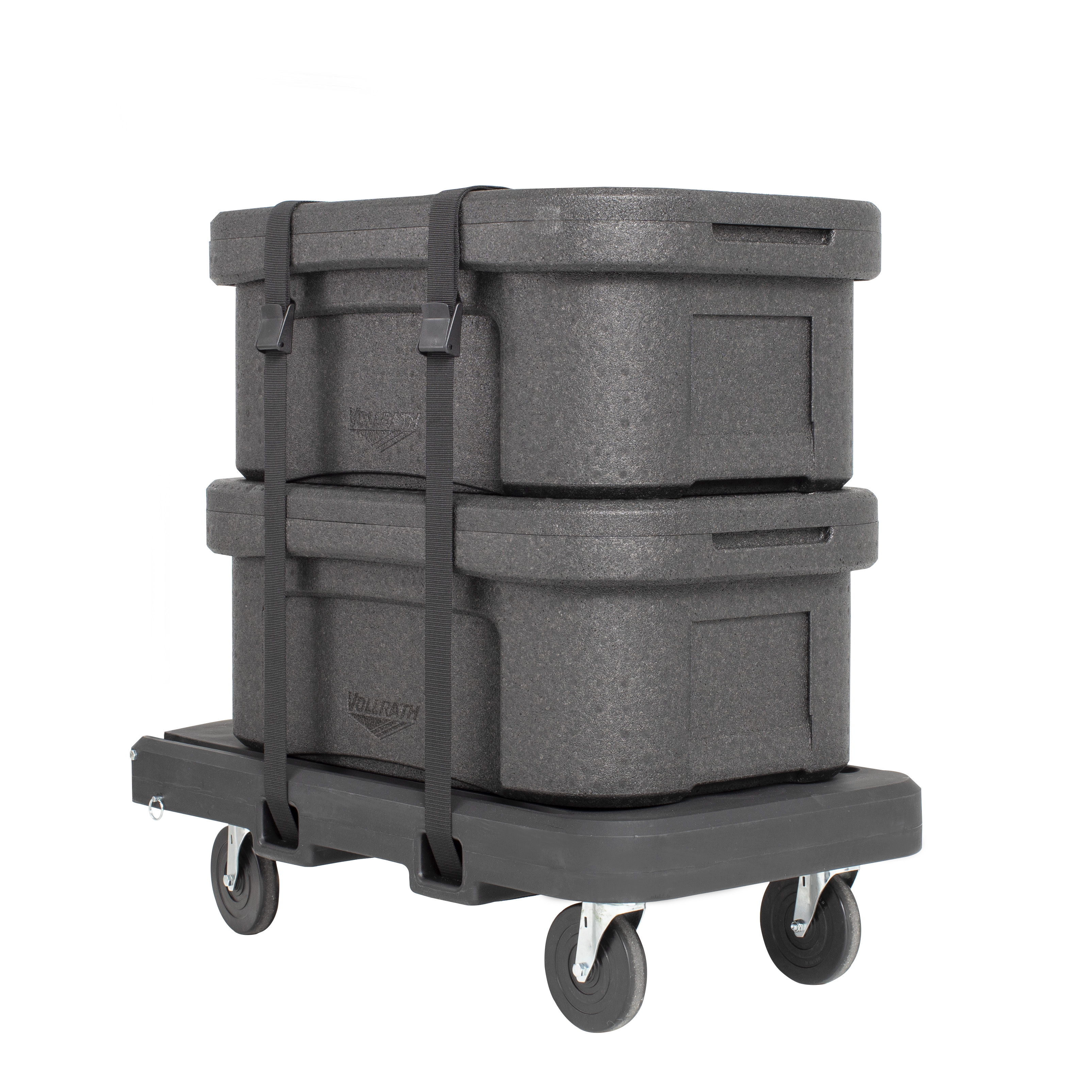 Flatbed utility dolly in dark gray with 5” casters and straps