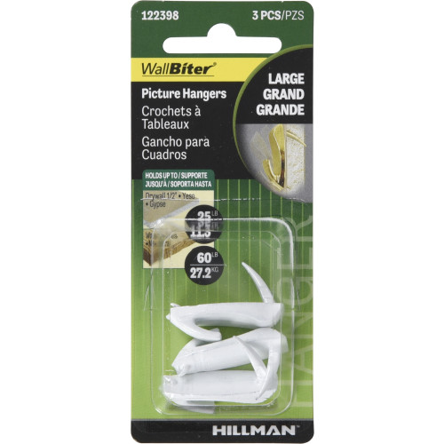 Hillman Large WallBiter Picture Hangers White 60lb 3 Pack