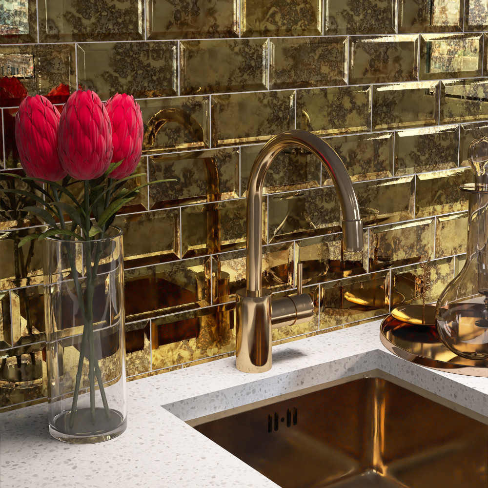 Lustre Beveled Antique Gold 3 in. x 6 in. Glass Wall Tile | Merola Tile