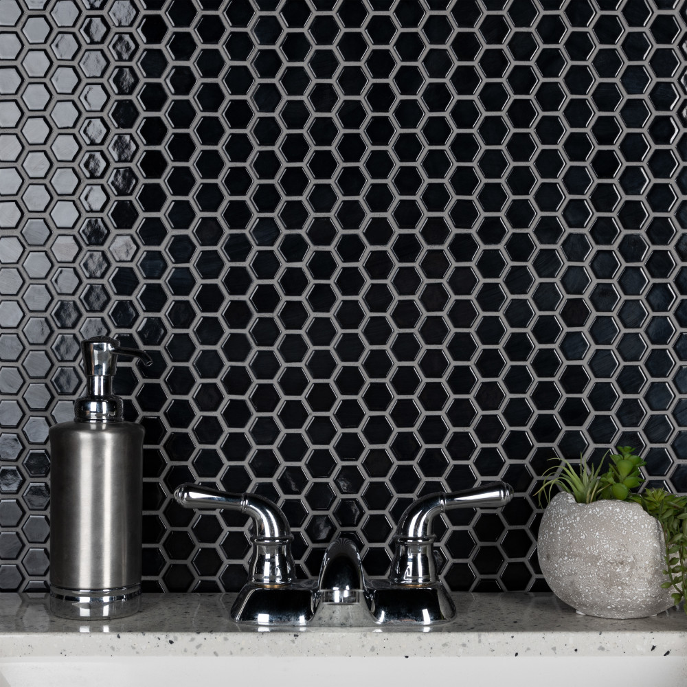 Metro 1" Hex Glossy Black 10-1/4 in. x 11-7/8 in. Porcelain Mosaic Tile ...