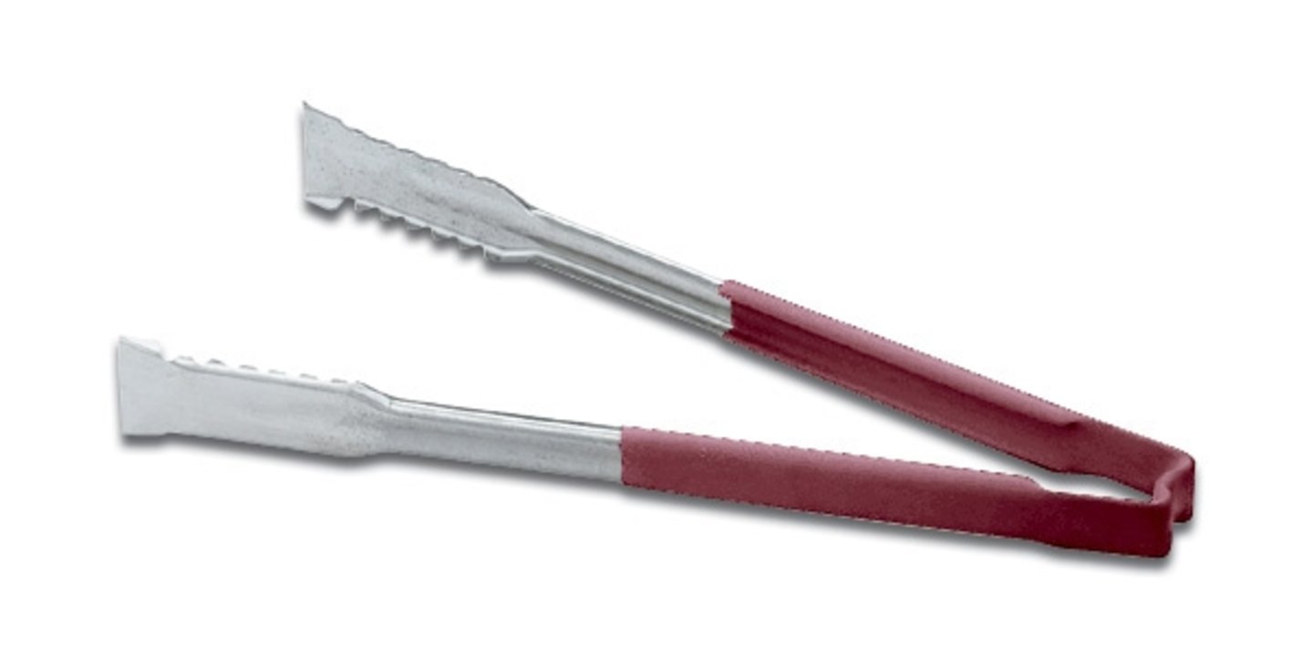 9 ½-inch stainless steel one-piece tongs with Versagrip™ ends and red ...