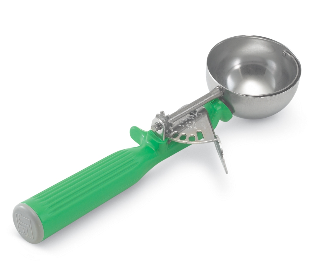 2 ⅔-ounce one-piece thumb disher with green handle - Vollrath Foodservice