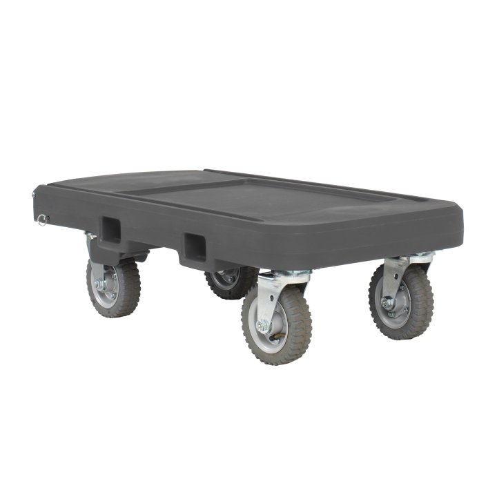 Flatbed utility dolly in dark gray with 6” pneumatic wheels and straps ...