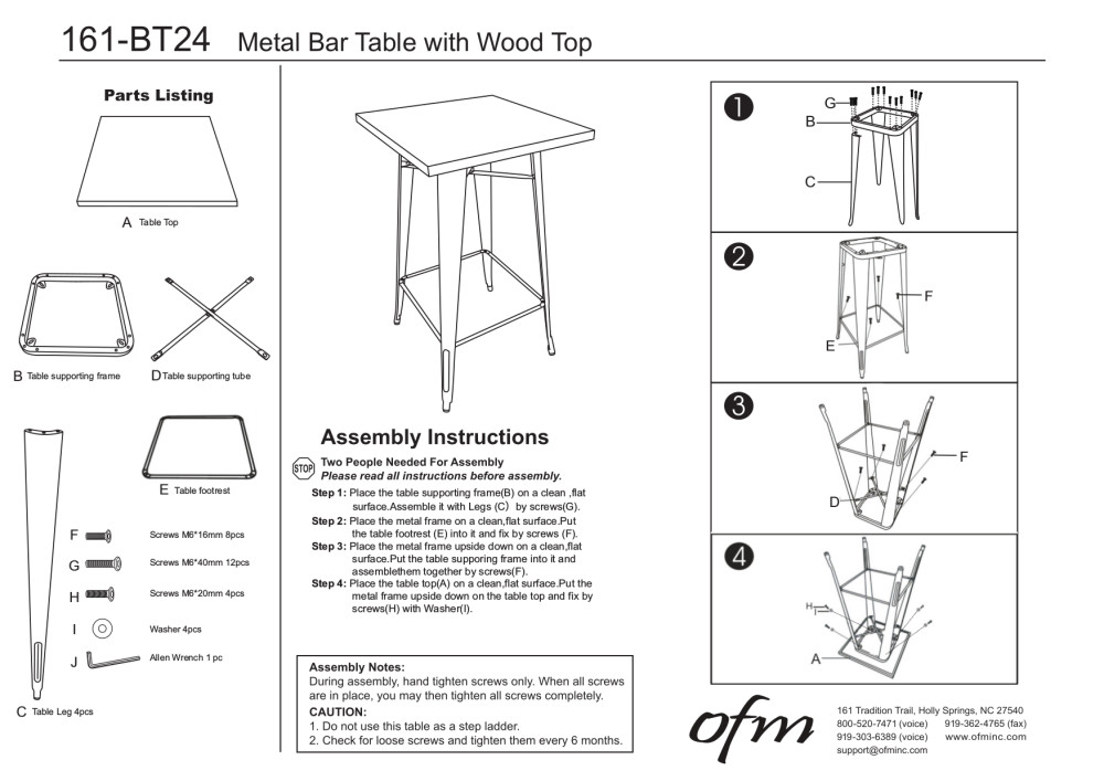 OFM 161 Collection Industrial Modern 24" Square Bar Table with Footring ...
