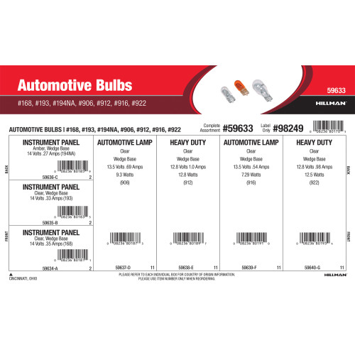 Automotive Bulbs Assortment (#168, #193, #194NA, #906, #912, #916, #922)