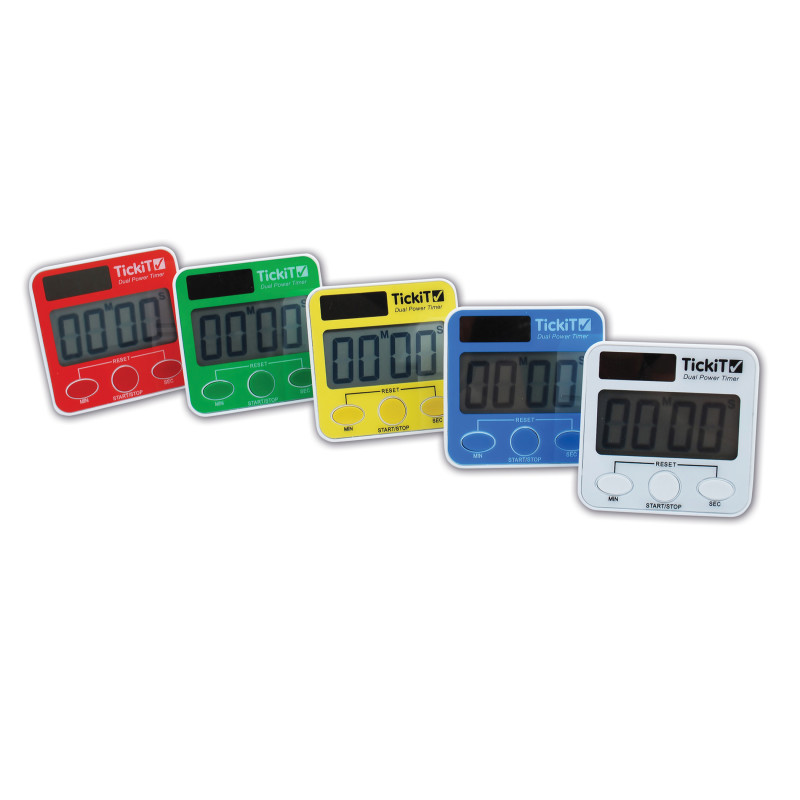 TickiT® Dual Power Timers - Set of 5 - Red, Yellow, Green, Blue, White ...