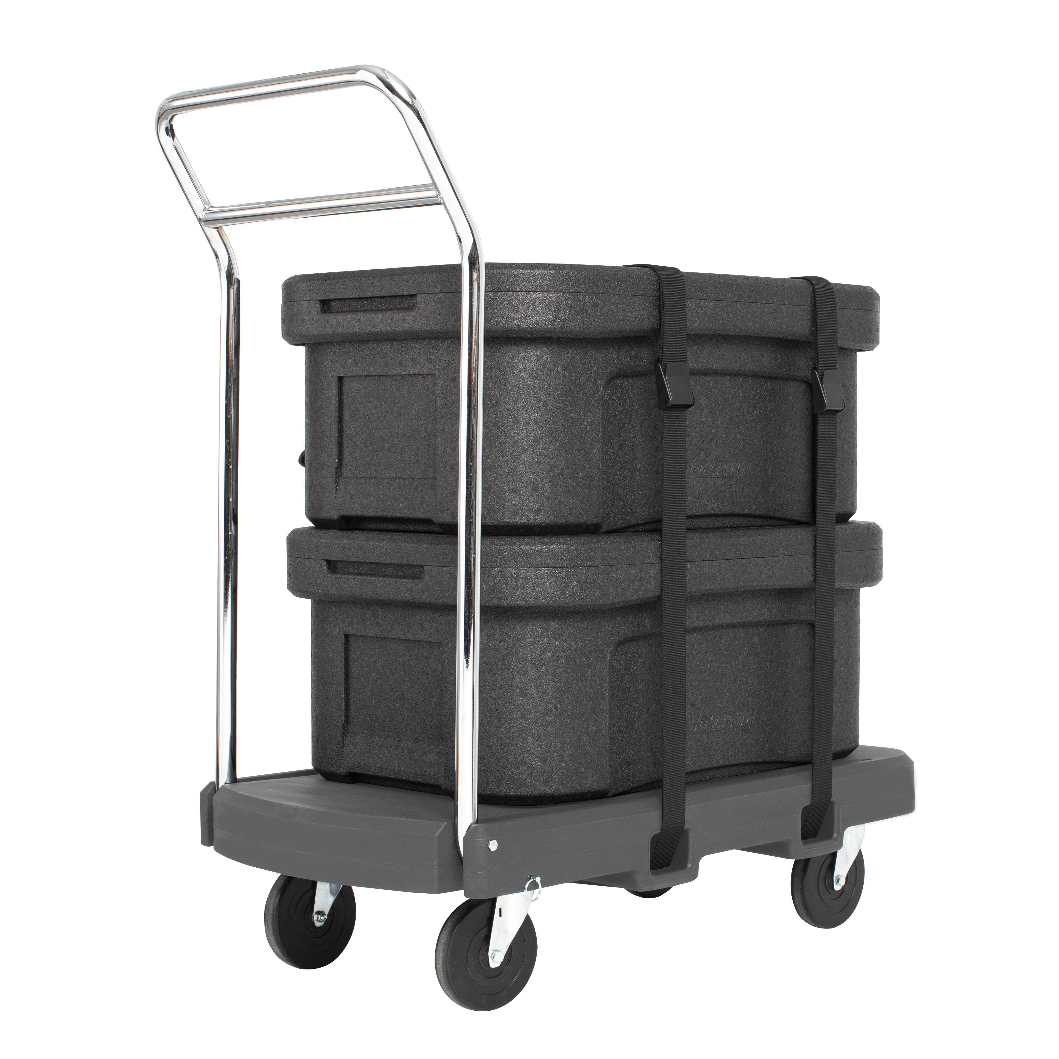 Flatbed utility dolly in dark gray with 5” casters and straps