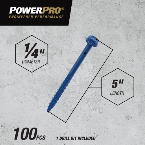 Power Pro Blue Hex Washer-Head Concrete Screw Anchors (1/4" x 5") - 100 pc