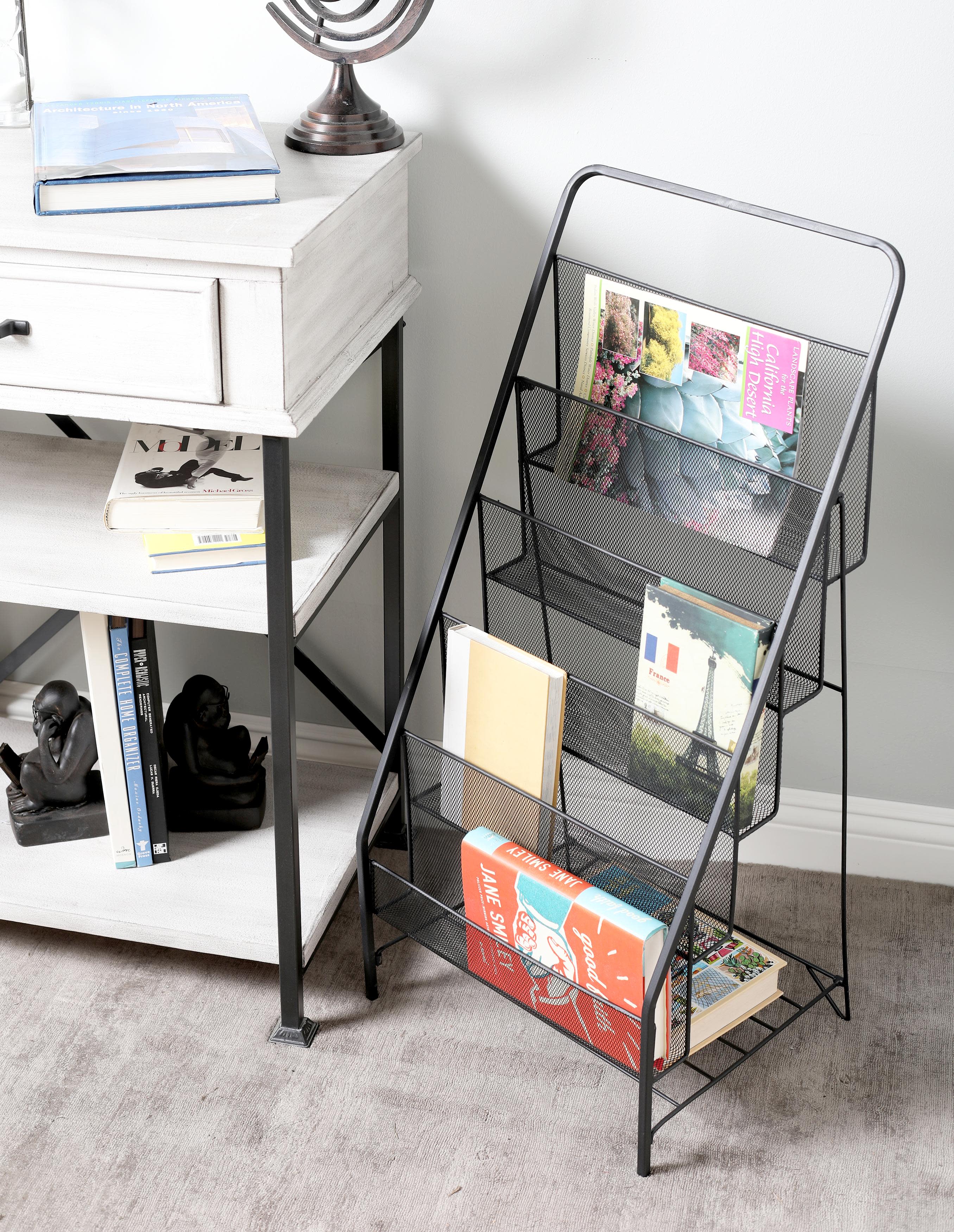 Black Metal Industrial Magazine Rack Holder, 35" x 16" x 14"