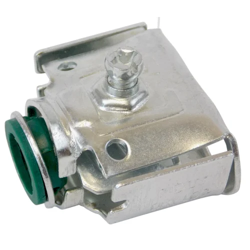 A metal electrical connector clamp with a green plastic grommet and ...