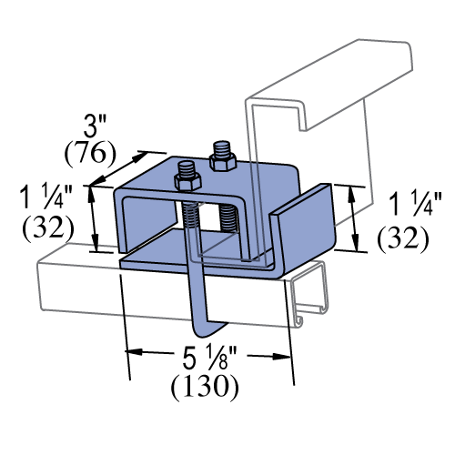 Technical diagram of a metal channel clamp with bolts attaching to two ...