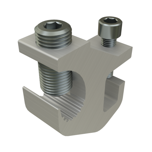 Rendered metal C-shaped clamp with two hex socket screws inserted ...