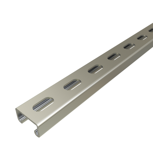 Metal strut channel with evenly spaced oval holes on a white background.
