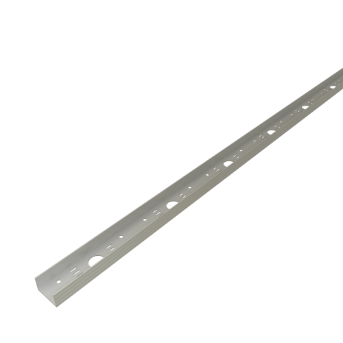 Long metal vented channel strip with regularly spaced holes, shown on a ...