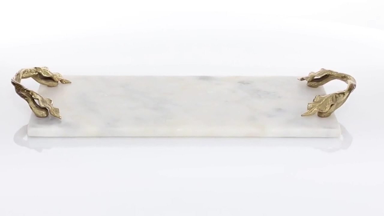DecMode 21" x 10" White Marble Rectangular Leaf Tray with Gold Twisted Metal Handles, 1-Piece ...