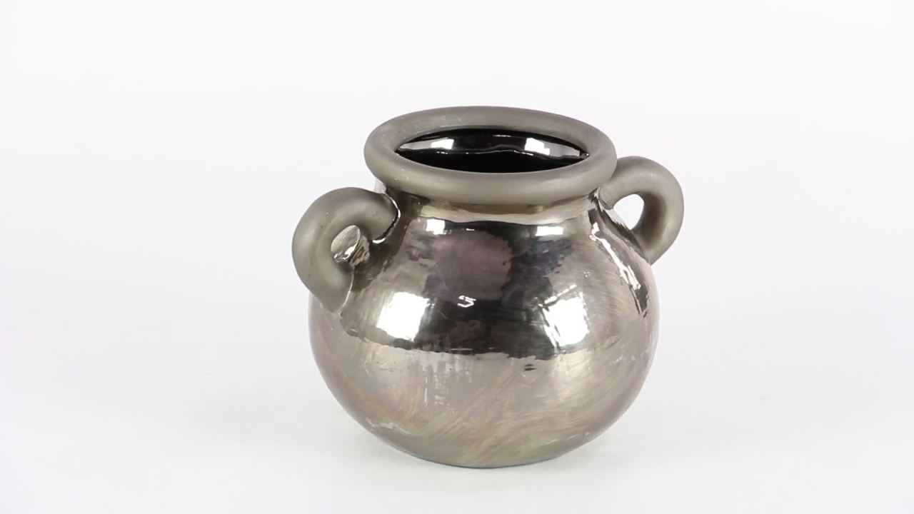 DecMode Eclectic Style Large, Round Metallic Silver Ceramic Pot with ...