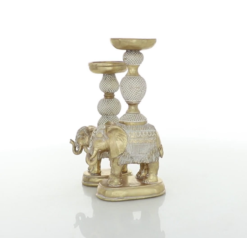 DecMode 2 Candle White Polystone Elephant Candle Holder with White Wash ...