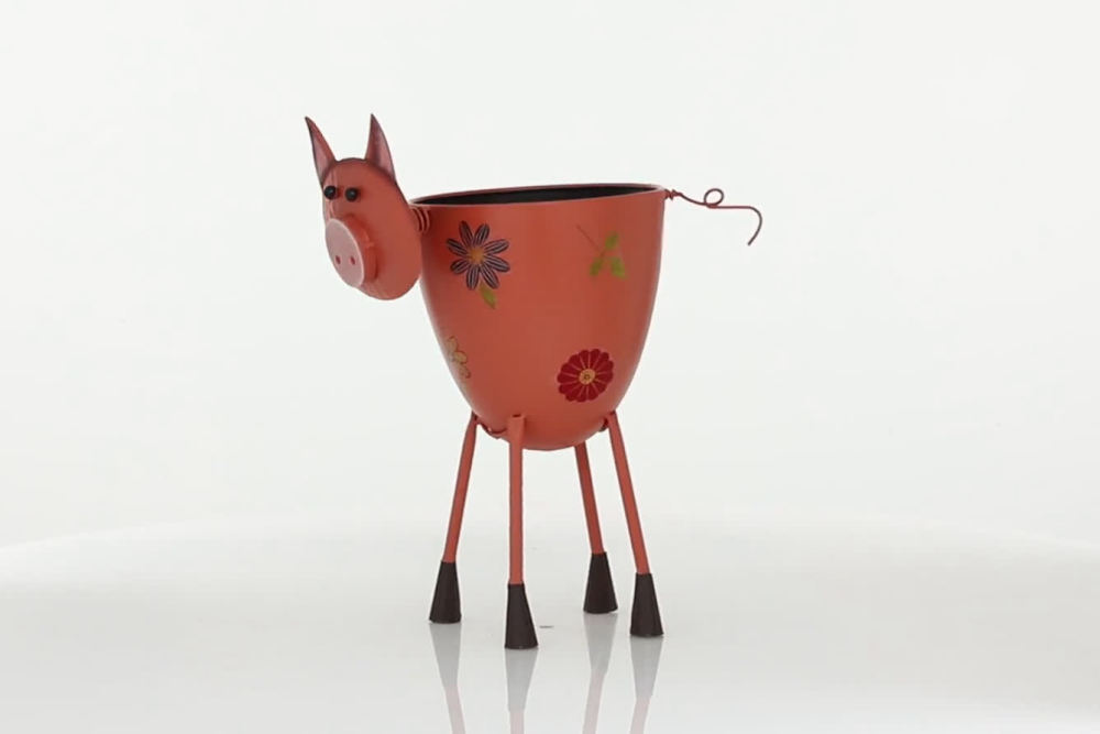 DecMode 8" x 16" Indoor Outdoor Pink Metal Pig Planter with Floral ...