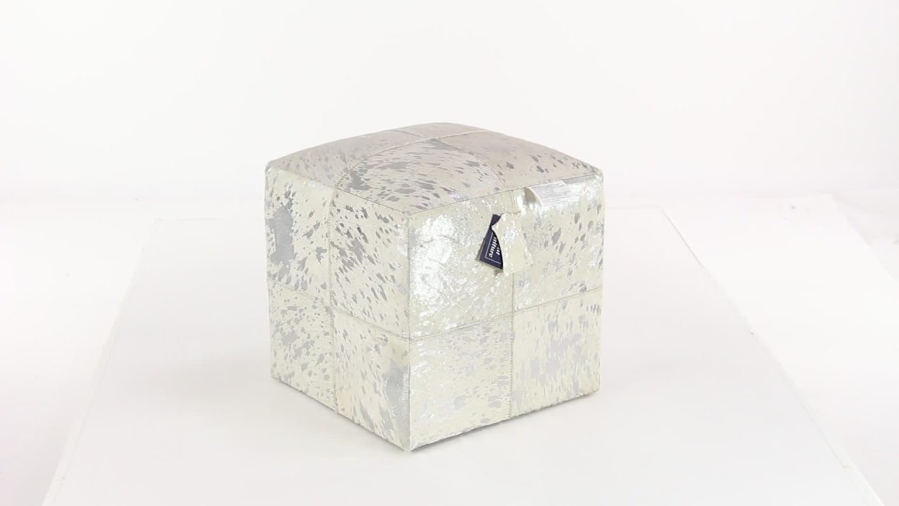 DecMode 16" x 17" White Leather Handmade Stool with Silver Foil Paint ...