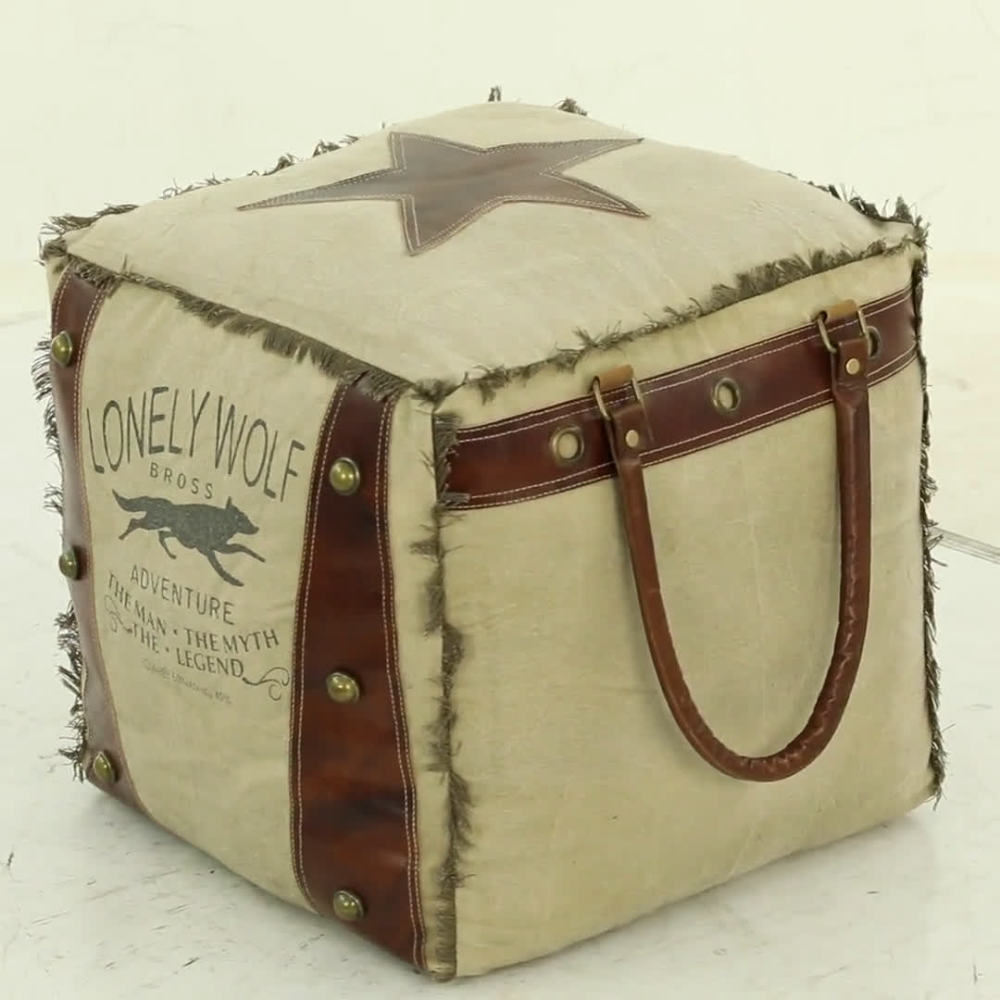 DecMode Rustic and Organic Square Ottoman Fabric Pouf features White ...