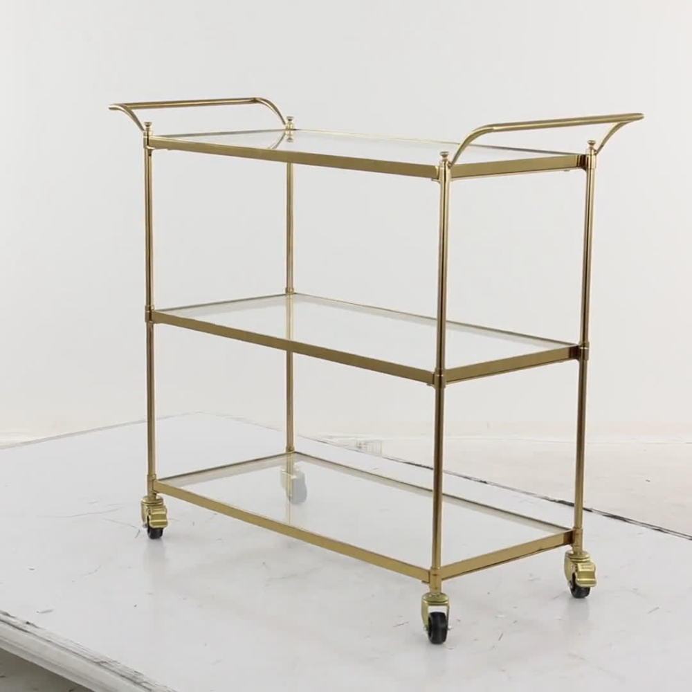 DecMode Traditional 3 Tier Gold Metal Bar Cart with Transparent Glass ...
